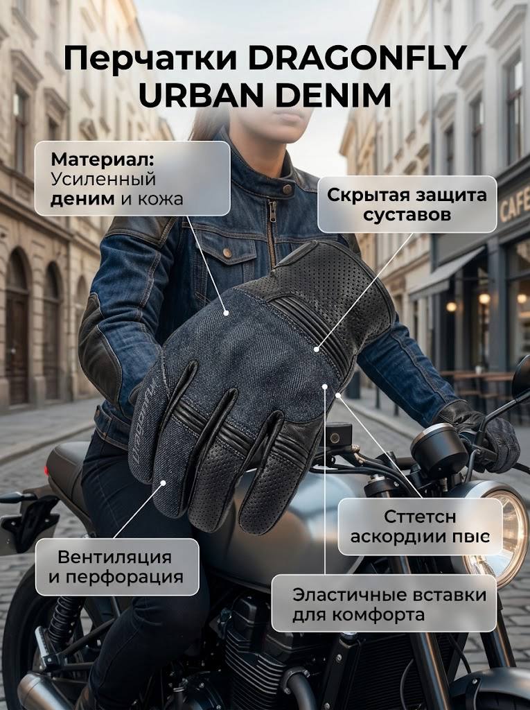 Мотоциклетные перчатки DRAGONFLY URBAN DENIM, черный, размер XXL