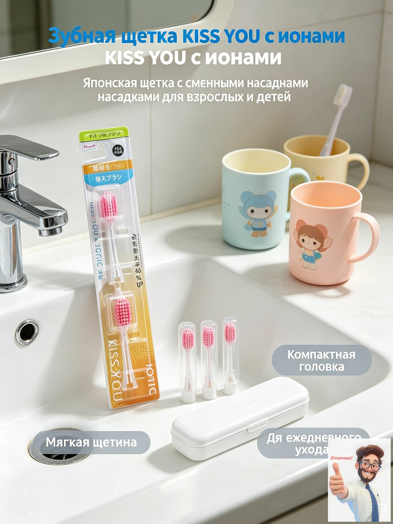 Сменные головки для ионной зубной щетки HUKUBA DENTAL KISS YOU (Япония), тонкие мягкие щетинки, маленькая головка