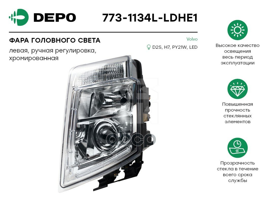 Фара! ксенон левая D2S/H7/PY21W/LED мех. регулировка VOLVO FM/FH 05> Depo арт. 7731134LLDHE1