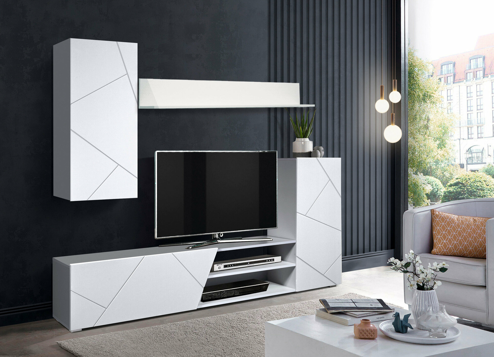 Стенка Прага-6 Олмеко, ЛДСП с нишей под ТВ, цвет белый/белый софт