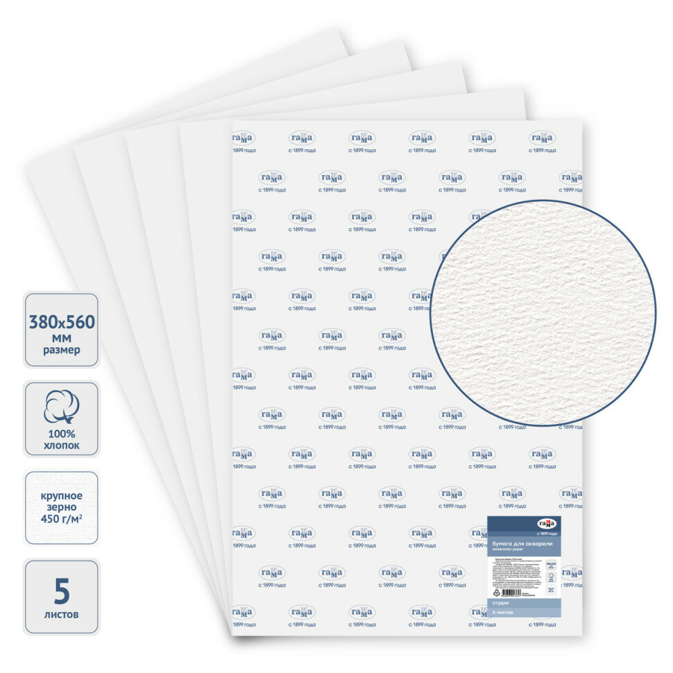 Бумага для акварели, 5л, 380*560мм, Гамма "Студия", 450г/м2, крупное зерно, 100% хлопок, 362609