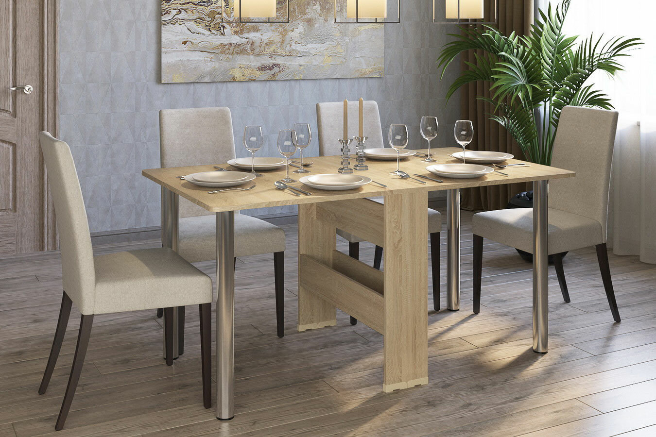 Стол-книжка 154,5 см с металлическими ножками и скругленной столешницей (цвет: дуб сонома)