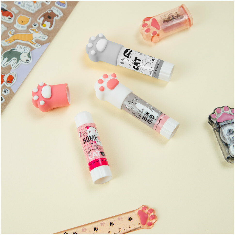 Клей-карандаш MeShu с топпером "Paw" ассорти, 8г, дисплей бокс, ПВП, 12 штук, 339127