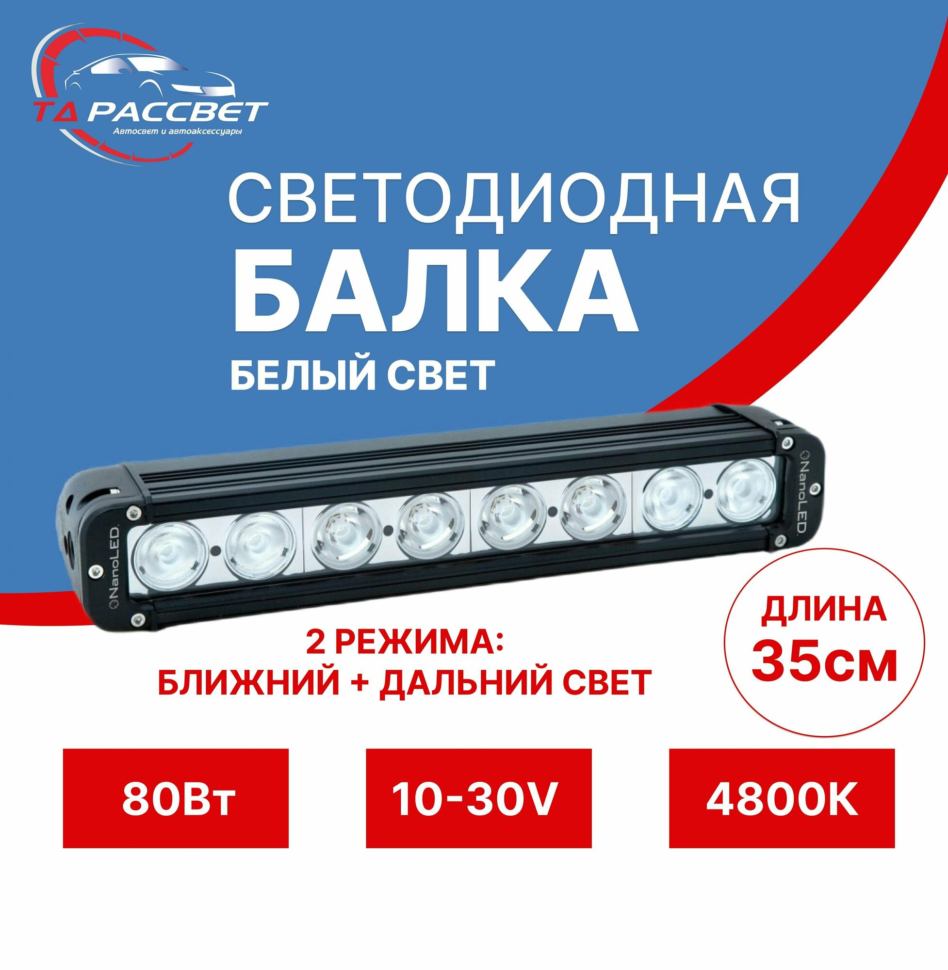 Светодиодная балка на автомобиль NANOLED 80W 8LED CREE X-ML Combo 355*64 5*93 мм (2*4*2) 4800k белый свет
