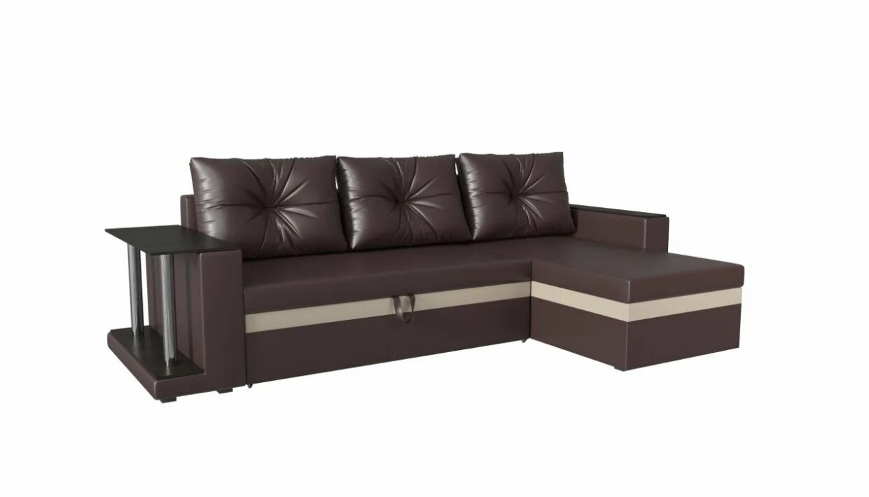 Угловой диван Атланта, еврокнижка, Экокожа Коричн/Бежевый, Угол правый, Ящик для белья, 248x130x83 см