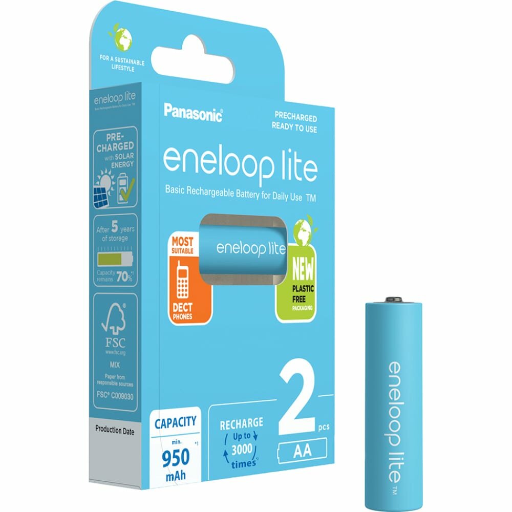 Аккумуляторы Panasonic eneloop lite BK-3LCCE/2BE AA R6 перезаряжаемые Ni‑MH с низким саморасходом для цифровой техники