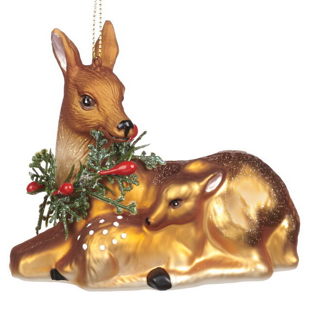 Стеклянная елочная игрушка Олень Лациса с олененком - Grand Nature 10 см, подвеска, Goodwill, YA92527