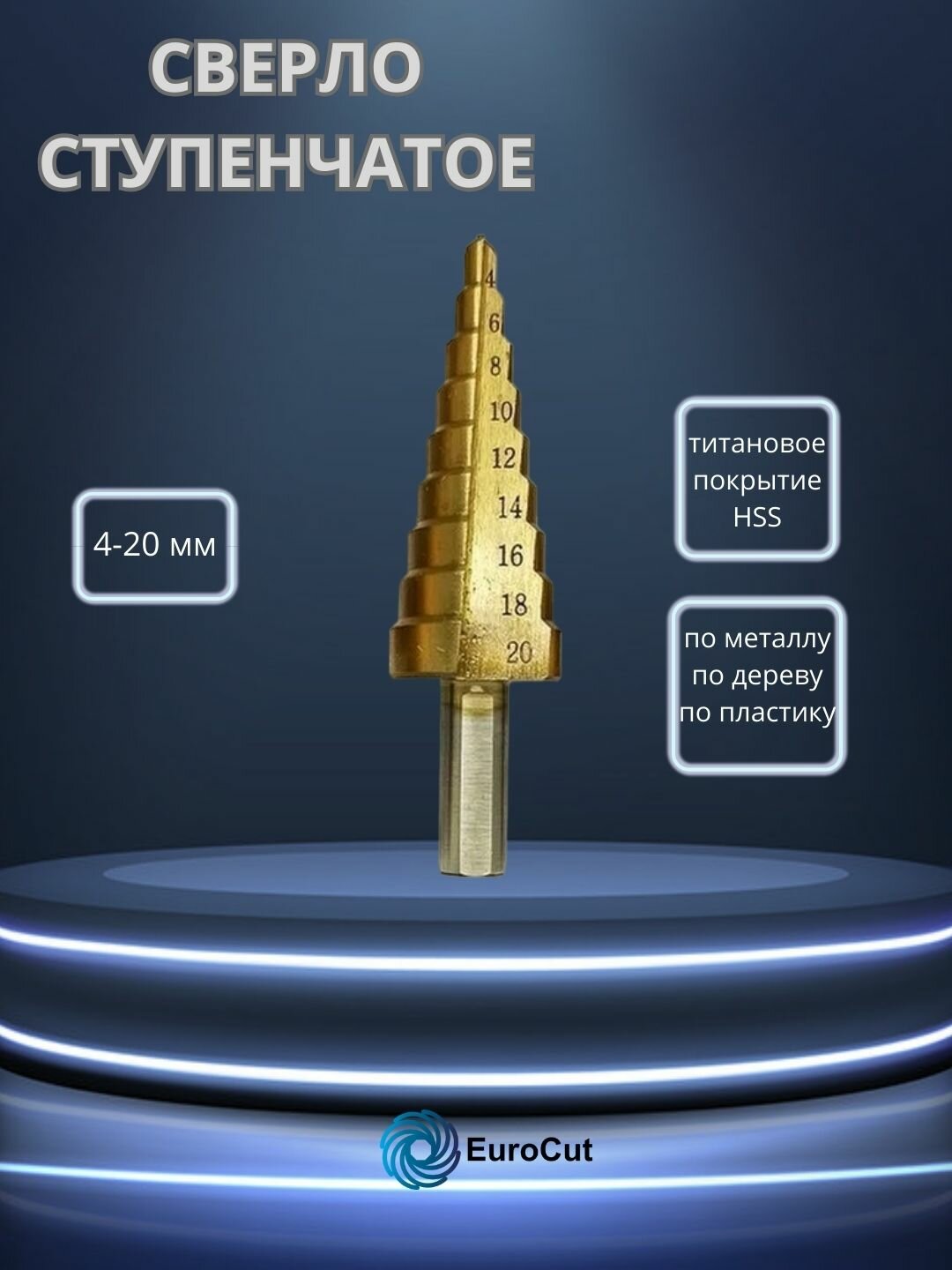Сверло ступенчатое Д4-20 HSS с титановым покрытием (код 7-014)