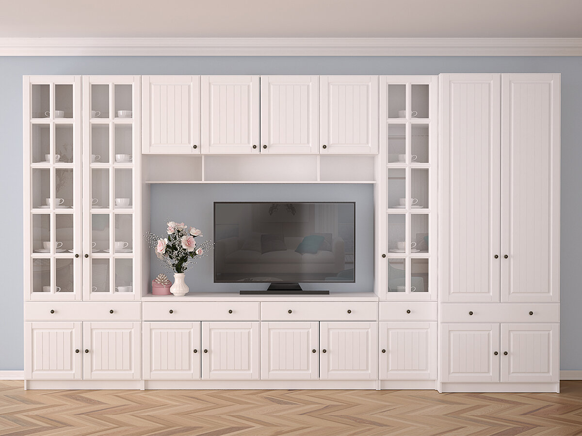 Стенка большая с МДФ-фасадами Паскаль-13 Фабрика Стиль, 405x240x50 см, Белый фасадный 0101, фасады - Милк SF-01 ADI