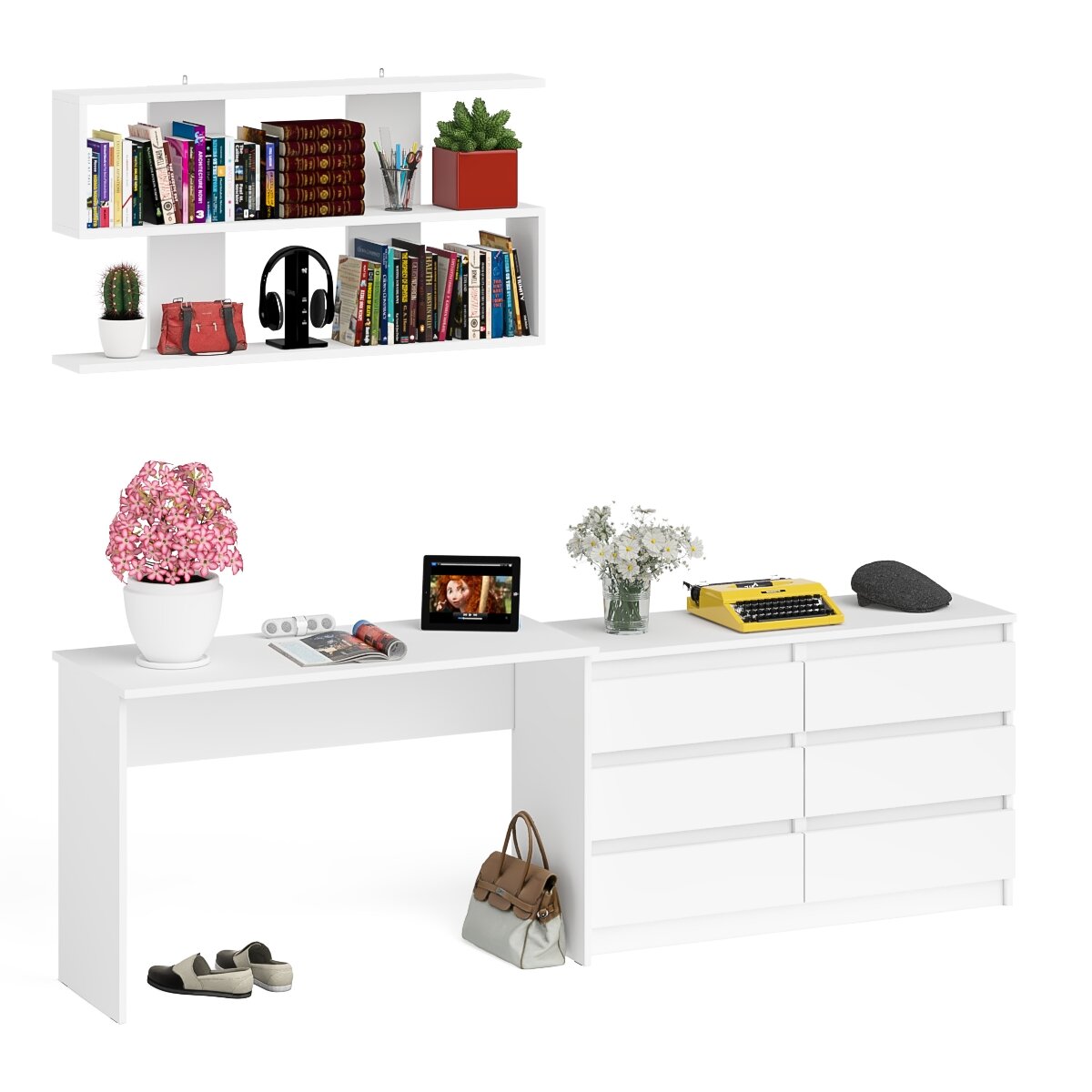 Стол письменный СВК Мори 1200.1 с полкой 1200 и широким комодом цвет белый