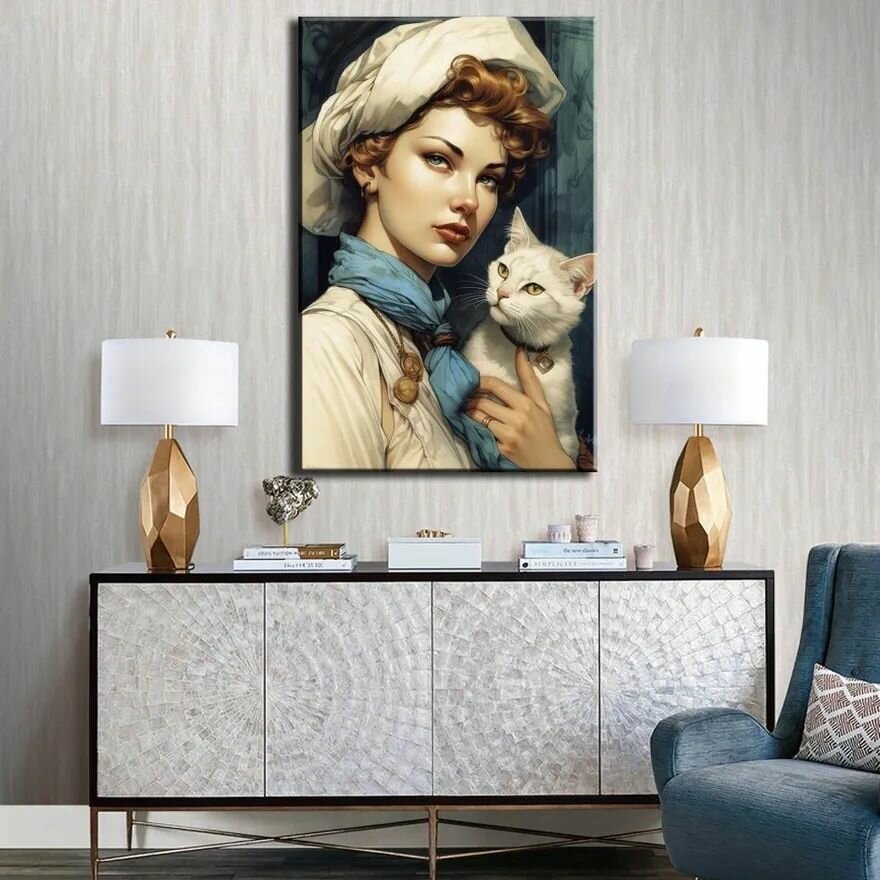 Картина для интерьера на холсте "Ретро девушка с кошкой" 50х70 см