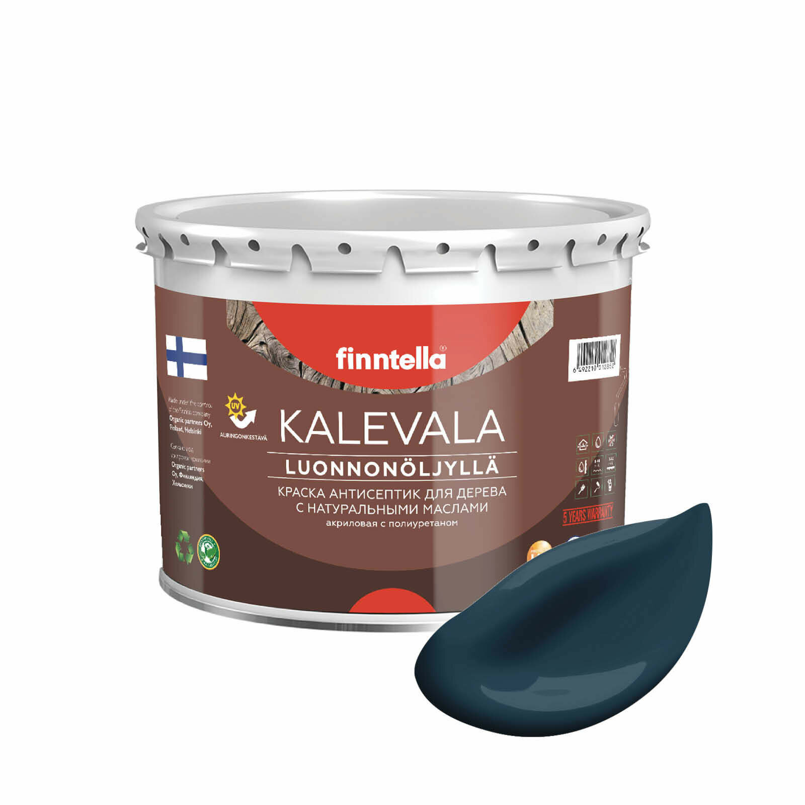 Краска для дерева и деревянных фасадов FINNTELLA KALEVALA, с натуральным маслом и полиуретаном, цвет YO (темно-сине-зеленый) , 2,7л