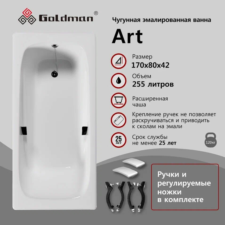 Чугунная ванна Goldman Art 170x80x42 с хромированными ручками