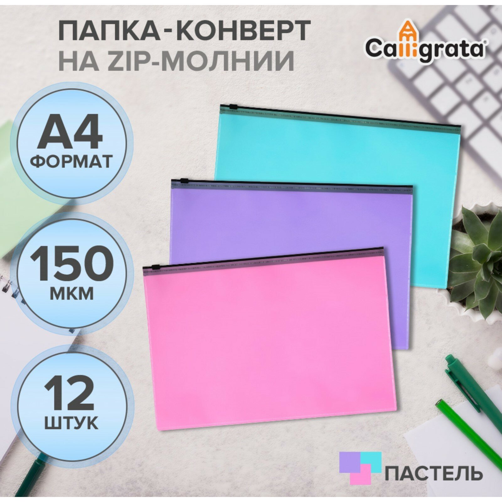 Набор папок-конверт на ZIP-молнии А4, 150 мкм, Calligrata Pastel, c черной молнией, полупрозрачные, пастель, 12 штук, микс