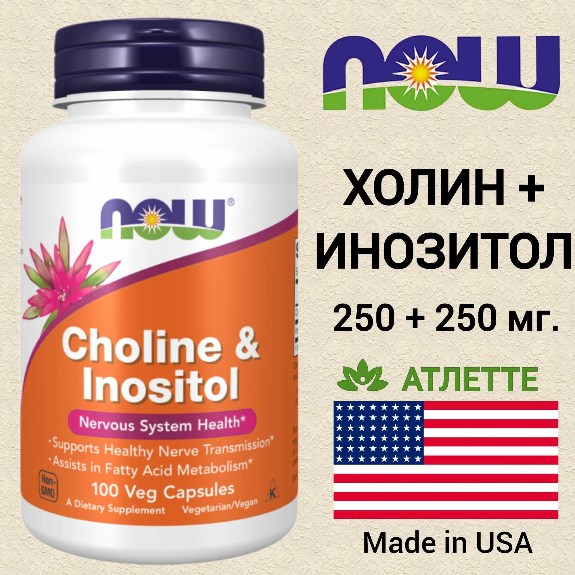 Холин и Инозитол из США Now Food's Choline Inositol 250/250 мг. 100 веган капсул