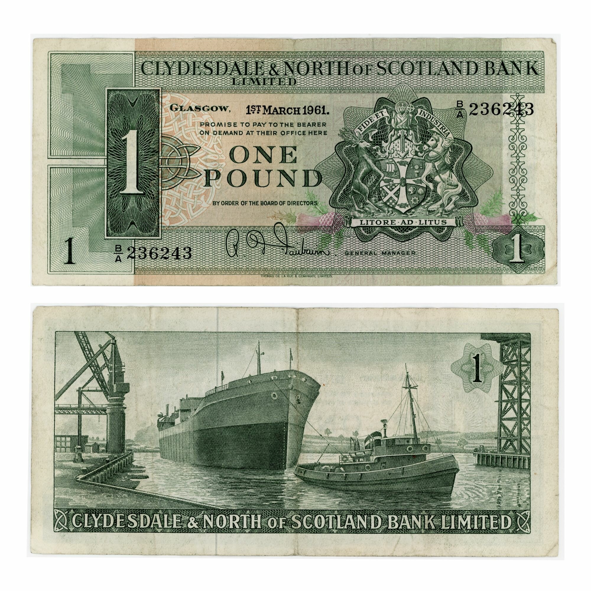 Банкнота Шотландия 1 фунт ONE POUND 1961 год Fine (F) Pick 195