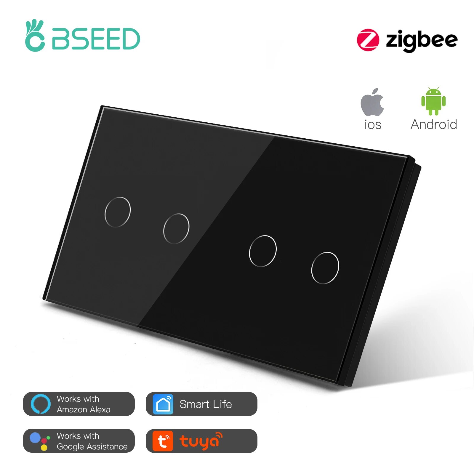 Беспроводной интеллектуальный выключатель BSEED Zigbee 1/2/3 клавиши Double 2Gang Black