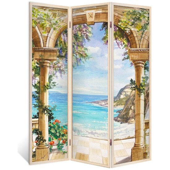 Ширма перегородка Декор Депо для комнаты деревянная "Балкон у моря" двухсторонняя с картинкой (мода и красота) 3 створки кремовый дуб 176х140 см 11 кг