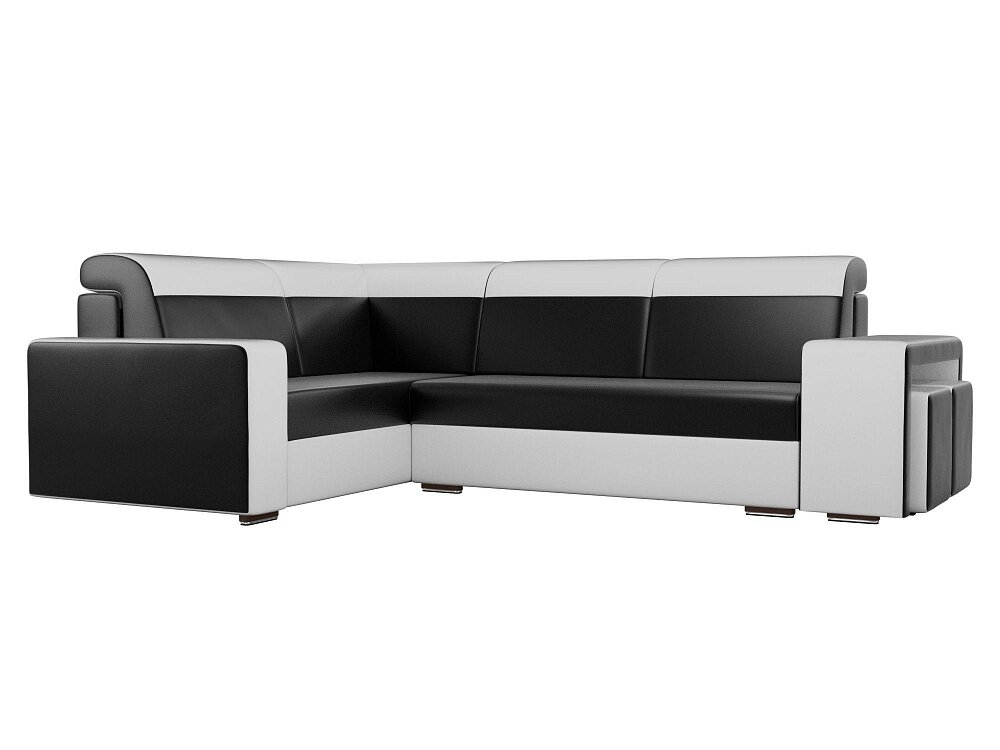 Угловой диван Мустанг с двумя пуфами Черно-Белый Экокожа Левый, еврокнижка, 275х210х93 см, с ящиком для белья