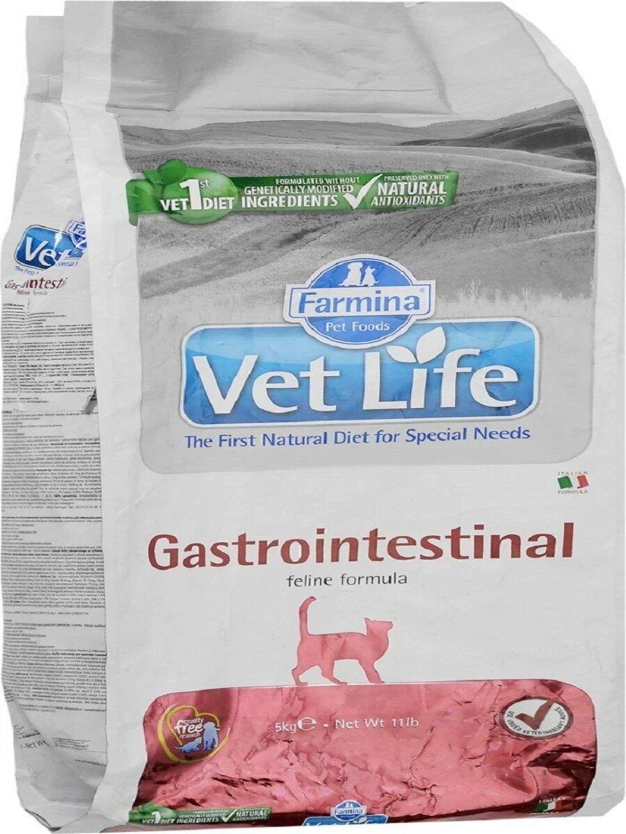 Farmina Корм сухой Vet Life Cat Gastro Intestinal для взрослых кошек с проблемами ЖКТ 5 кг