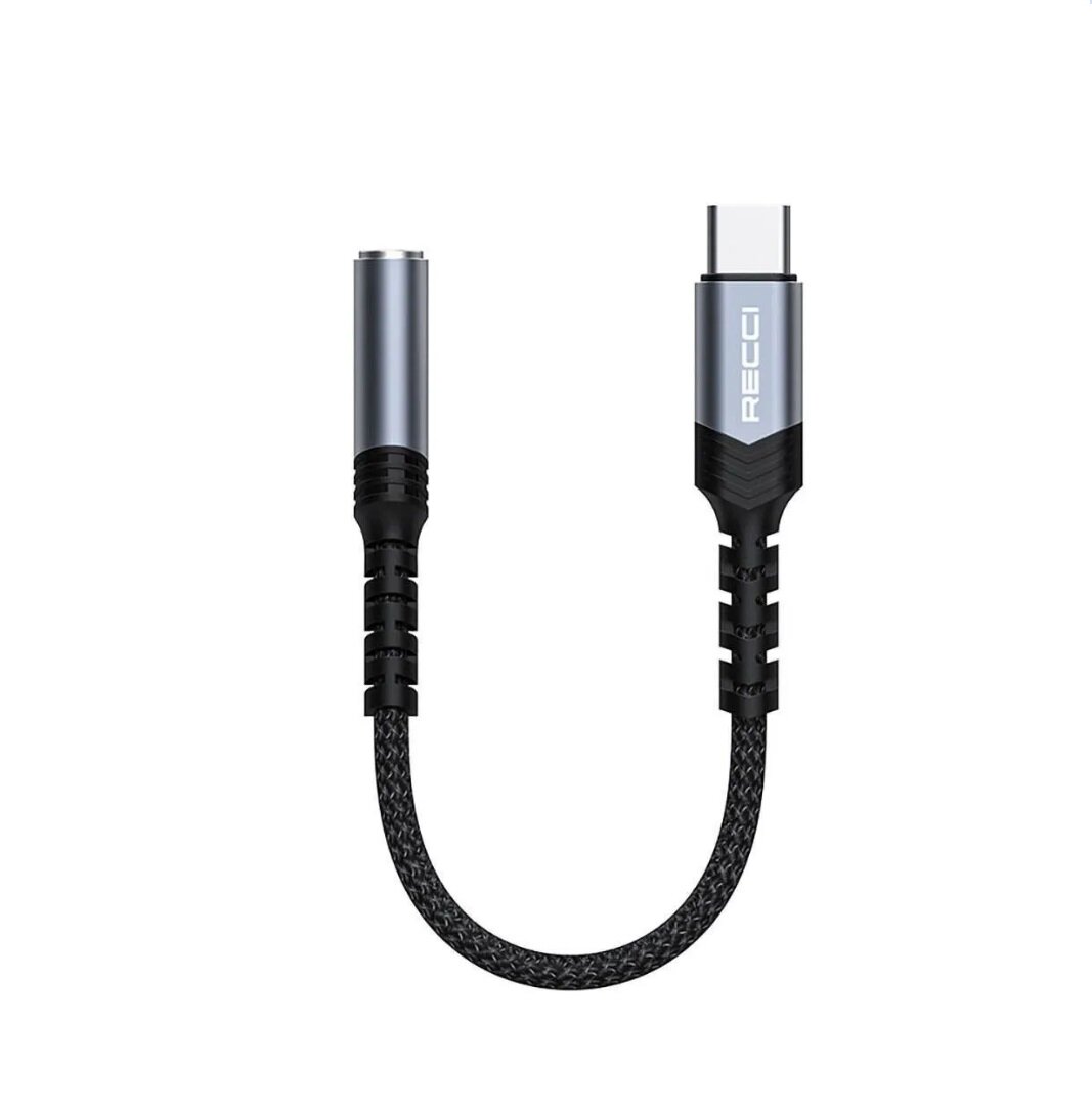Переходник для проводных наушников для Android, Recci RDS-A25, Type-C(M) to mini Jack 3.5mm(F), Черный+Серый