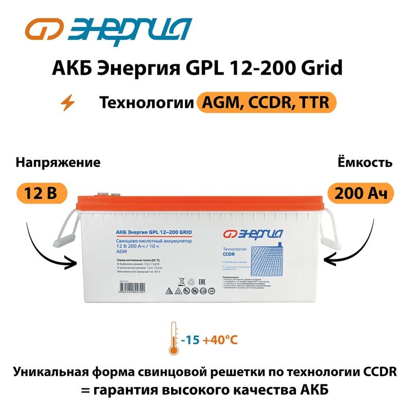 АКБ Энергия GPL 12-200 Grid ( аккумулятор, АКБ, аккумуляторная батарея)