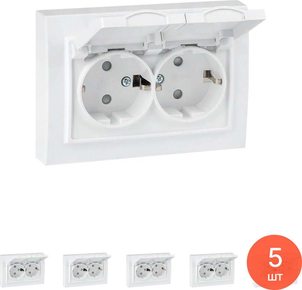 Розетка силовая штепсельная EKF / ЭКФ Basic Минск 2Р+РЕ, 16А 230В IP44, белый, двухместная с заземлением, крышкой, скрытая установка ERR16-129-200-44 / электрооборудование (комплект из 5 шт)