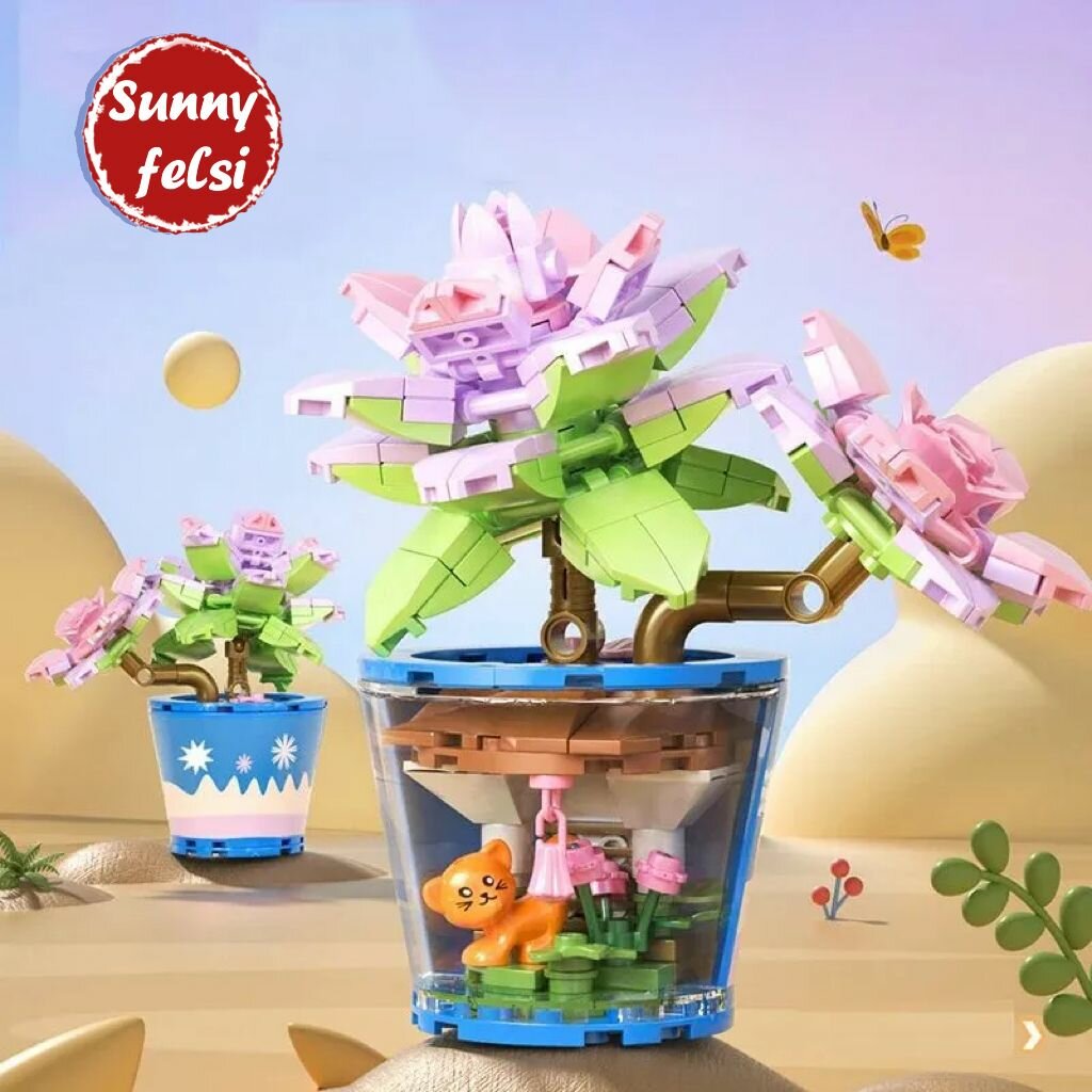 Конструктор "Цветы в горшке" с прозрачным горшком и котиком, развивающая игрушка для девочек от 3 лет, подарок на 8 марта и день рождения