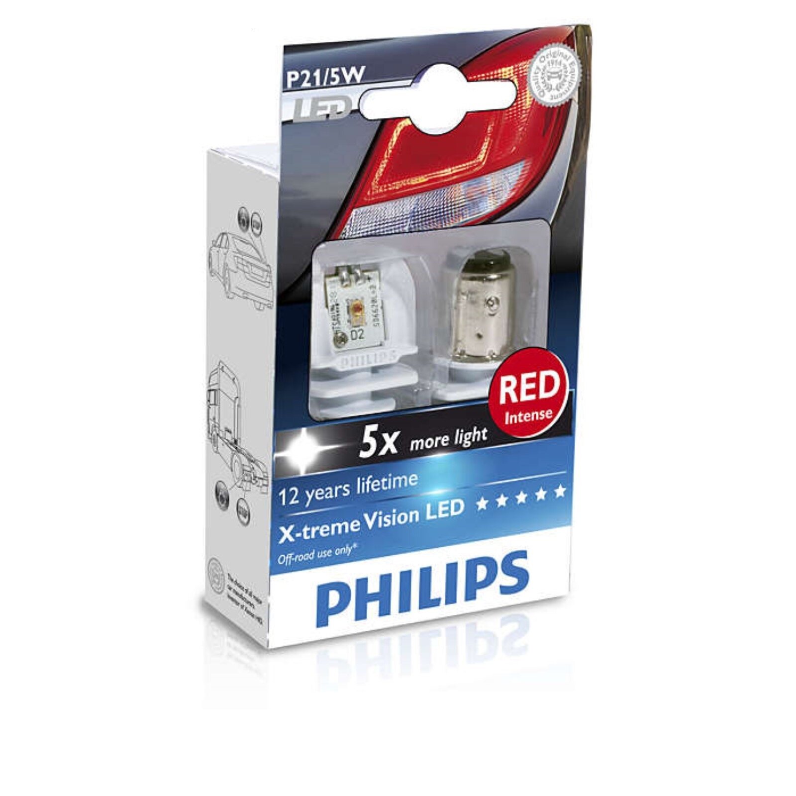 Лампа P21W LED 12898 R 12/24V (цвет - красный), PHILIPS-12898RX2