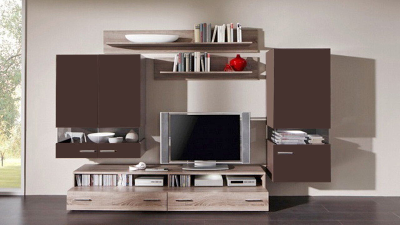 Гостиная Неворк 2 Венге 0854 BS / Дуб Сонома Светлый 3025 PR NEW 280x50x190 см, Фиеста