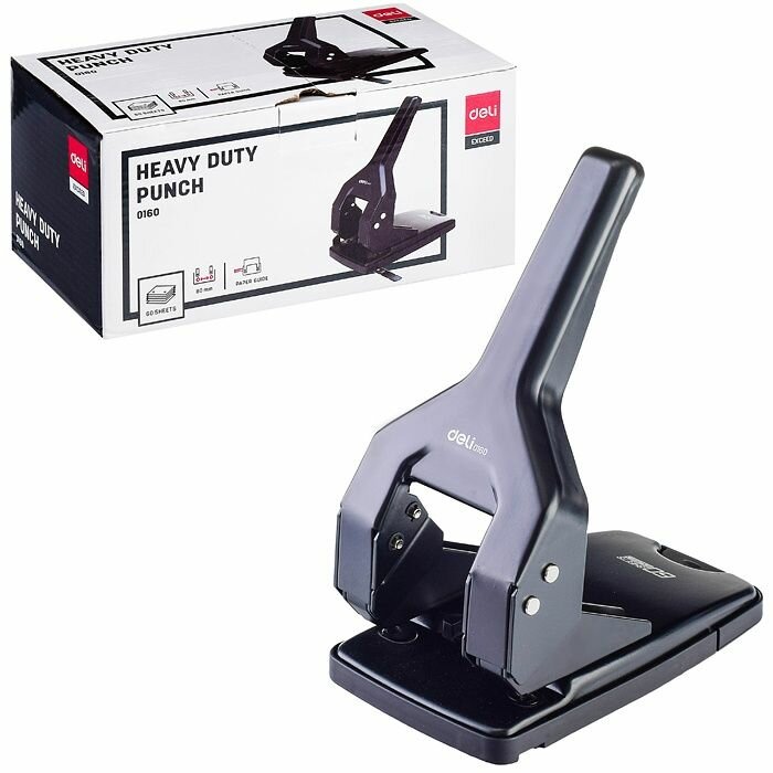 Дырокол Deli до 60 листов, металл, черный, 2 отверстия, с линейкой (E0160)