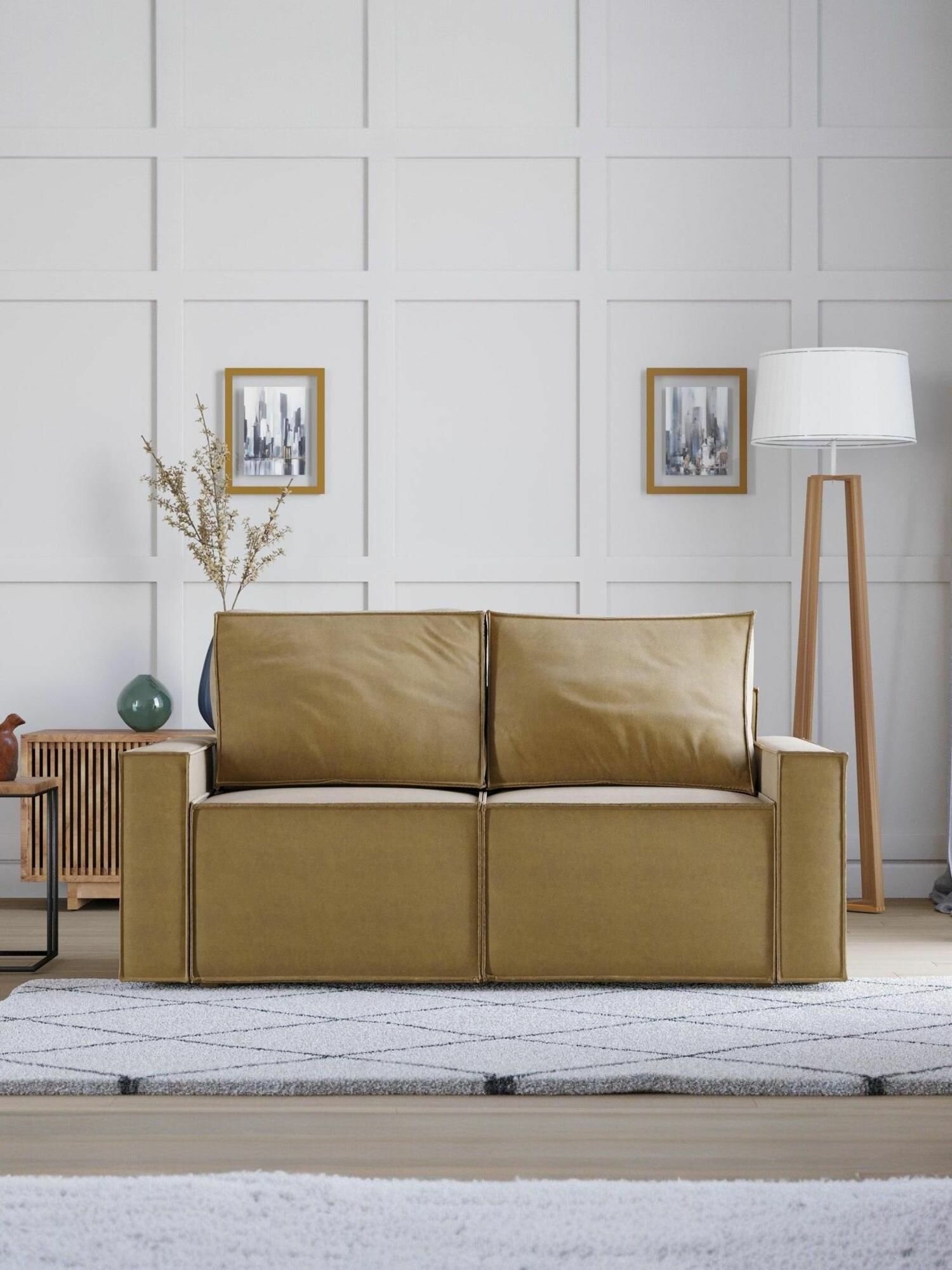 Прямой диван Manons Maison MINI, раскладной механизм Еврокнижка, Велюр Желтый, 170х102х95 см