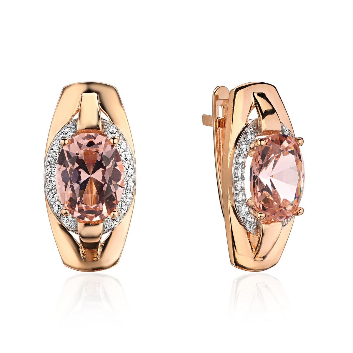 Серьги, красное золото, 585 проба, родирование, морганит, фианит