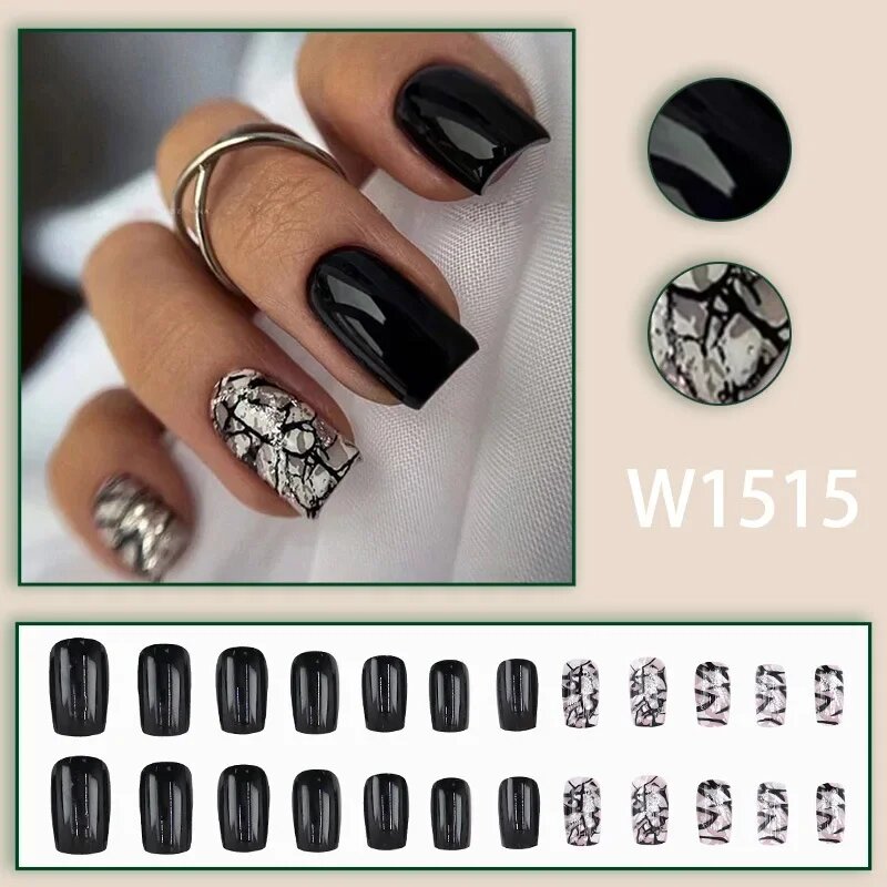 Накладные ногти W1515 черные с рисунком