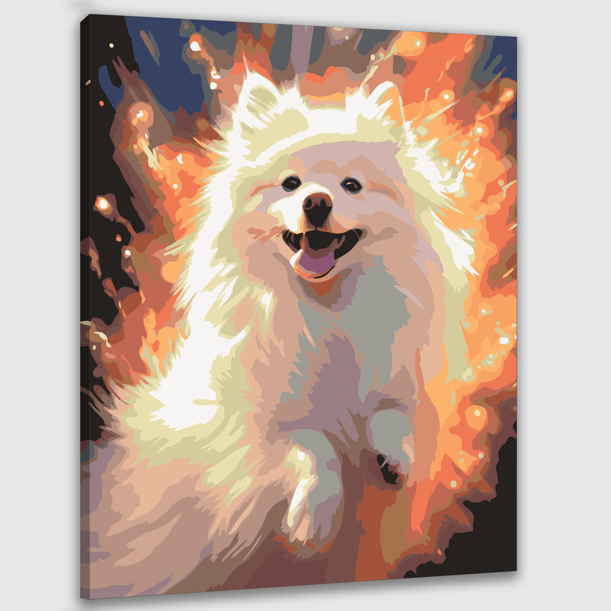 Картина по номерам 40x50 см, цифровая картина, собака шпиц, пушистый мех, белый, сияние солнца, трюки, яркие цвета