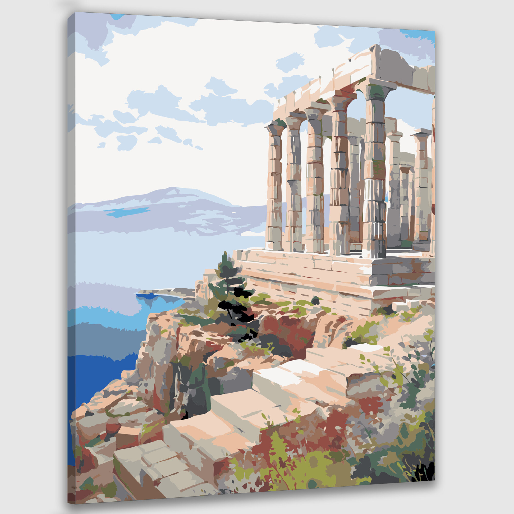 Картина по номерам 40x50 см, акварель, картина, храм Посейдона, утес, Эгейское море, голубые воды, безмятежная красота