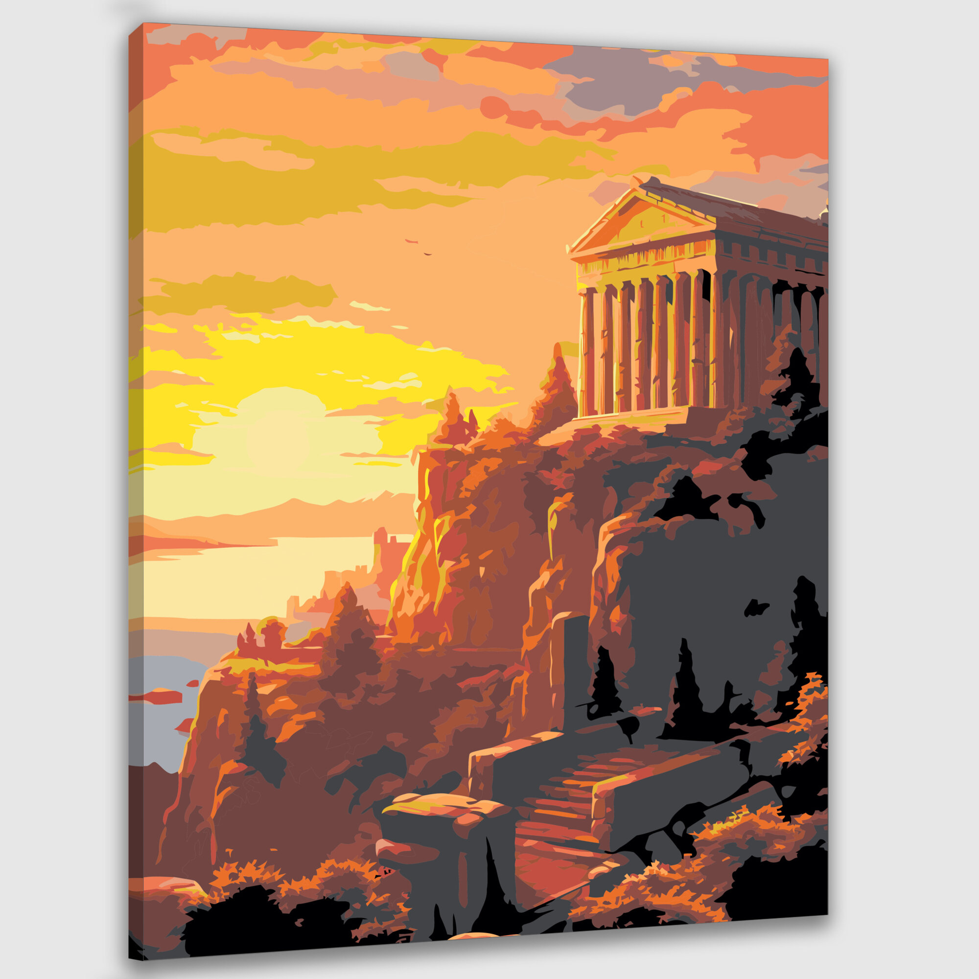 Картина по номерам 40x50 см, величественный храм, закат, золотистый свет, колонны, архитектурные детали