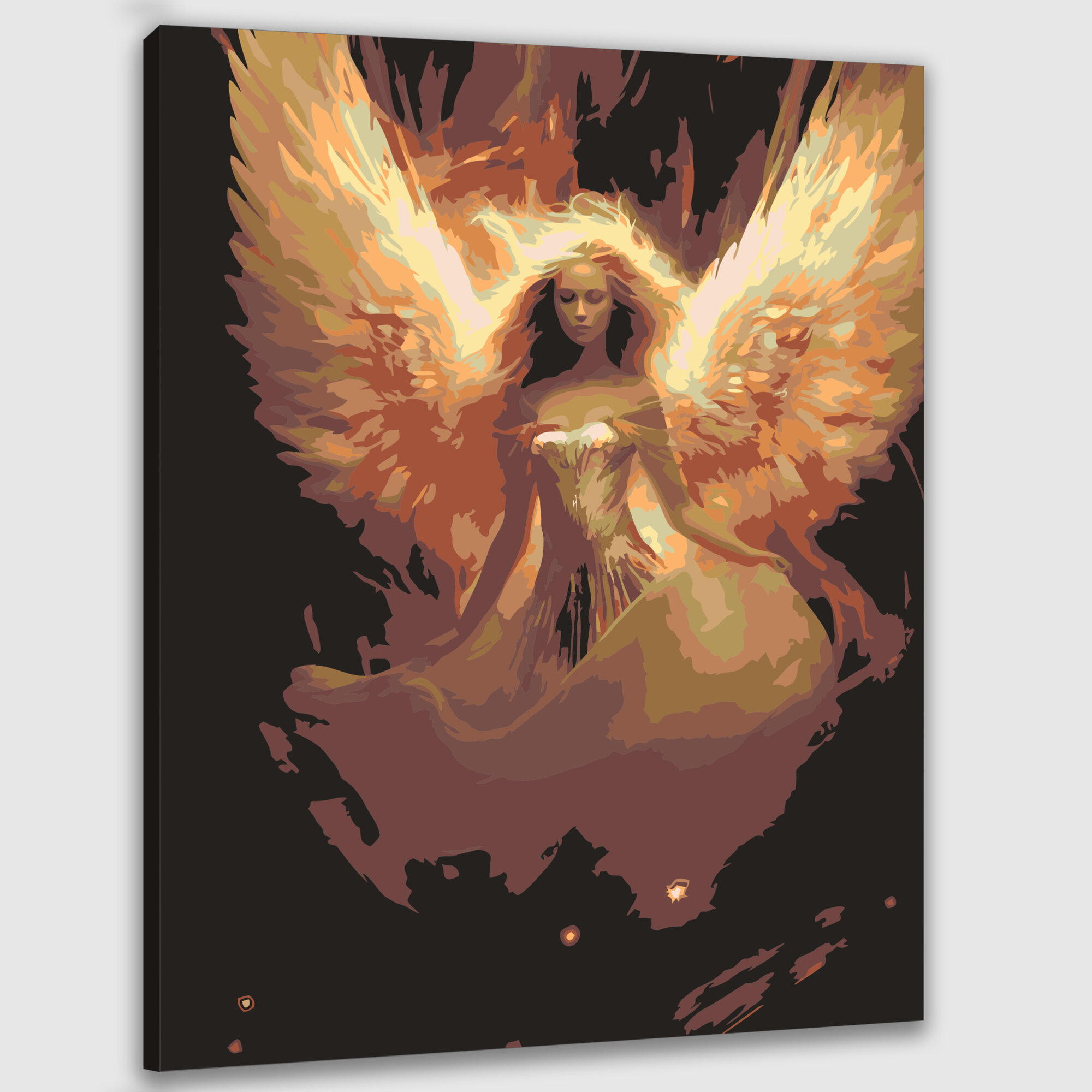 Картина по номерам 40x50 см, фотография, ангел, крылья, пушистые перья, золотистый свет, небесное сияние