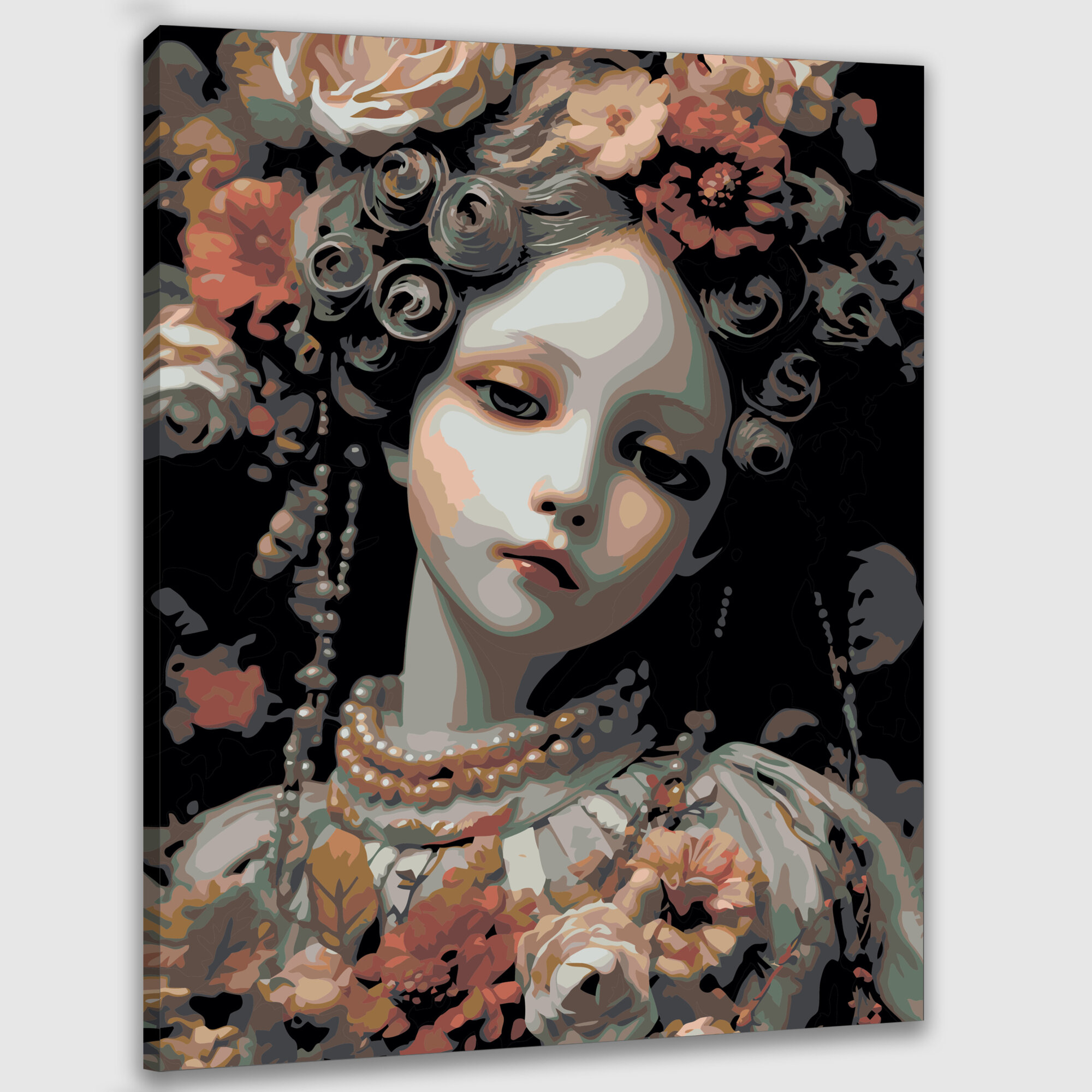 Картина по номерам 40x50 см, винтажная кукла, крупный план, цветочный венок, фарфоровое лицо, яркие цвета