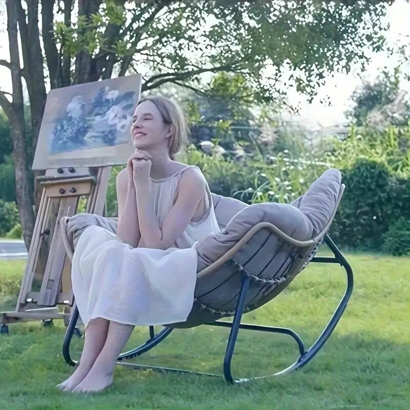 Кресло-качалка Птичье гнездо, искусственный ротанг, велюр, светло-серое