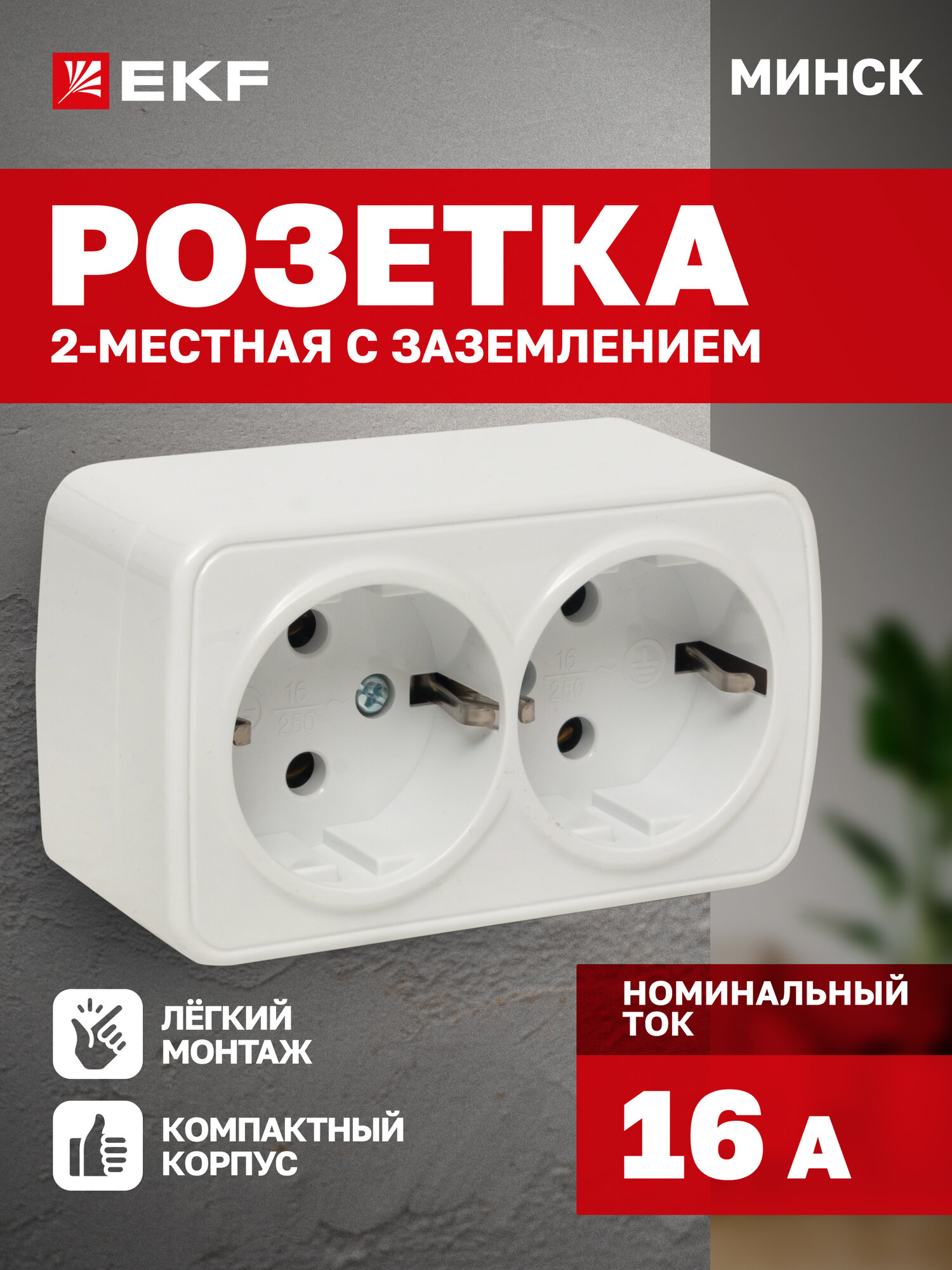 Розетка накладная EKF Basic двойная (2-местная), ОП Минск 16А, с заземлением, белая