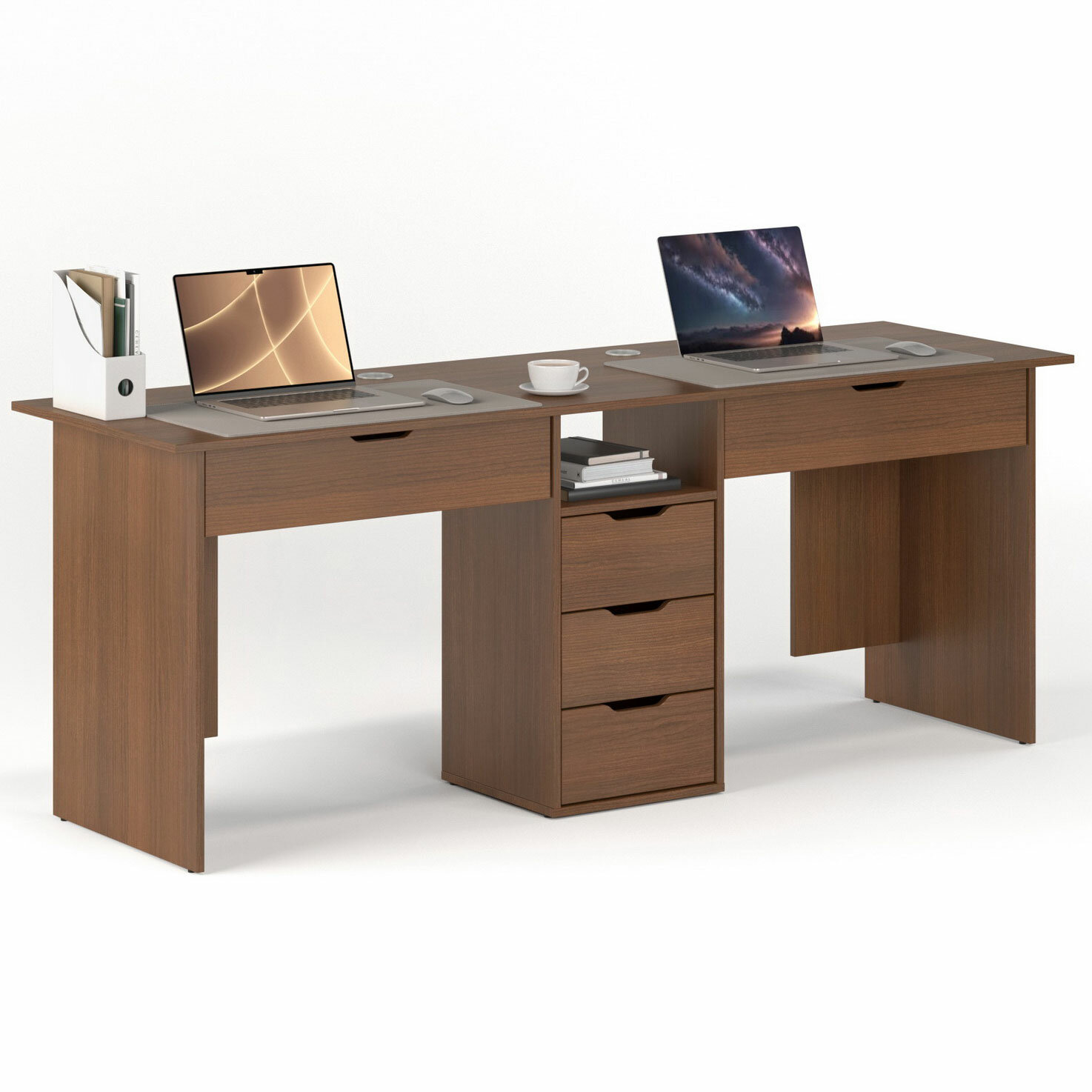 Письменный стол для двоих однотумбовый с 5 ящиками МагМебель Б89Я орех