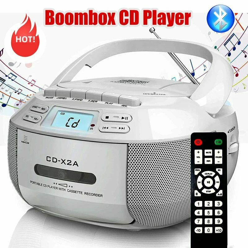 Проигрыватель компакт-дисков Boombox Cassette Player Combo с Bluetooth, AM/FM-радио, Стереозвук с дистанционным управлением, AUX/USB-накопитель, Магнитофонная запись