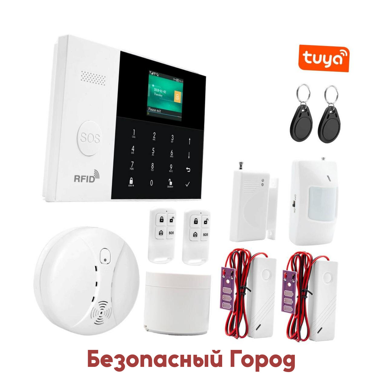 Система: охранно-пожарная звуковая TUYA GSM / Wi-Fi сигнализация Страж-GSM Sherif 10 (3G/4G) (B92870IS) с 10 беспроводными датчиками в комплекте для