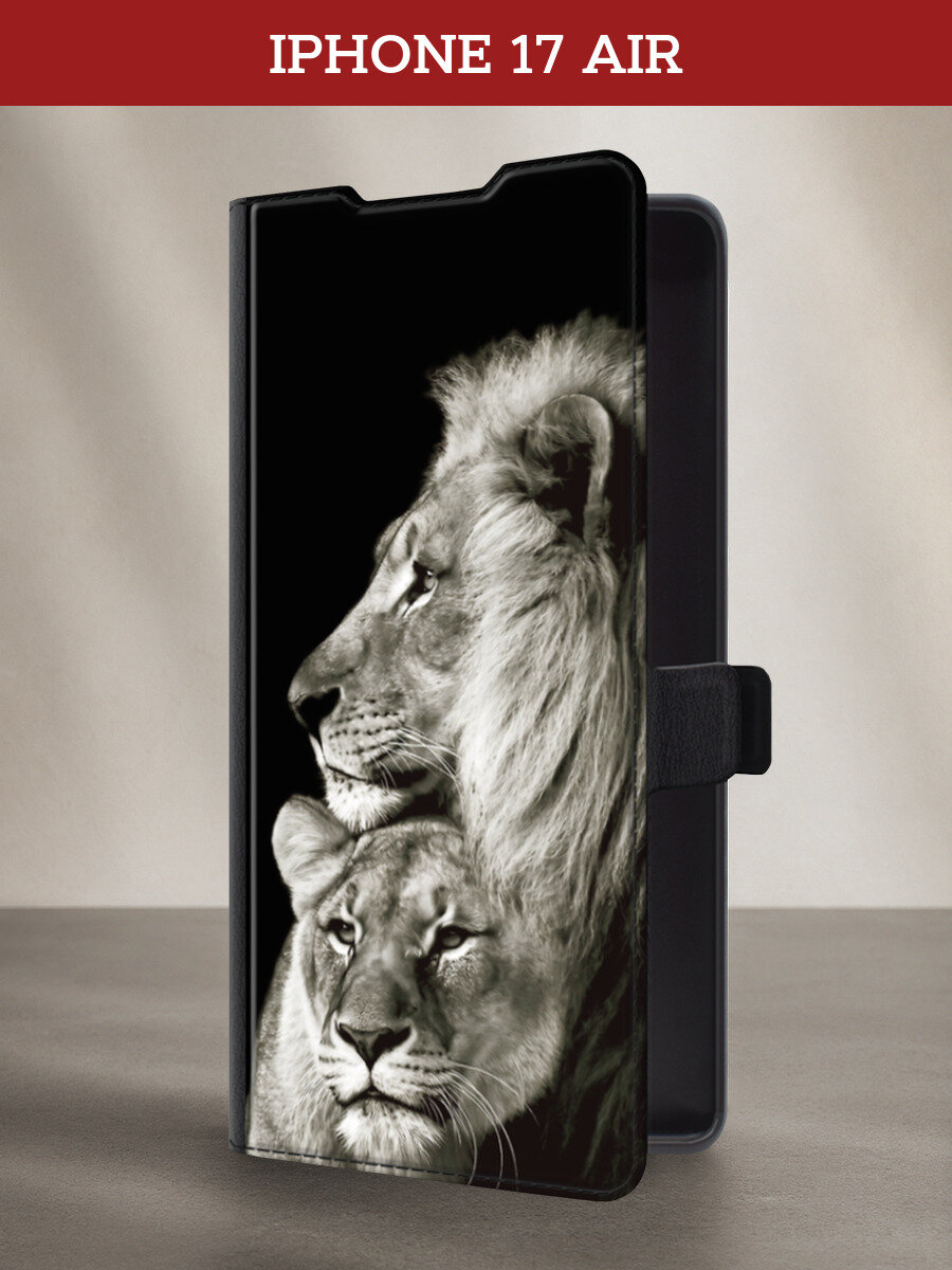 Чехол-книжка на Apple iPhone Air / Айфон Айр с принтом Лев и львица, черный