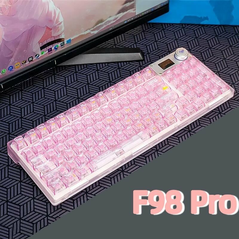F98 pro Механическая клавиатура 95 клавиш Горячая замена Прозрачные капоты BT 5.0/2.4G/USB-C OLED-дисплей RGB-подсветка 4000mAh Розовый