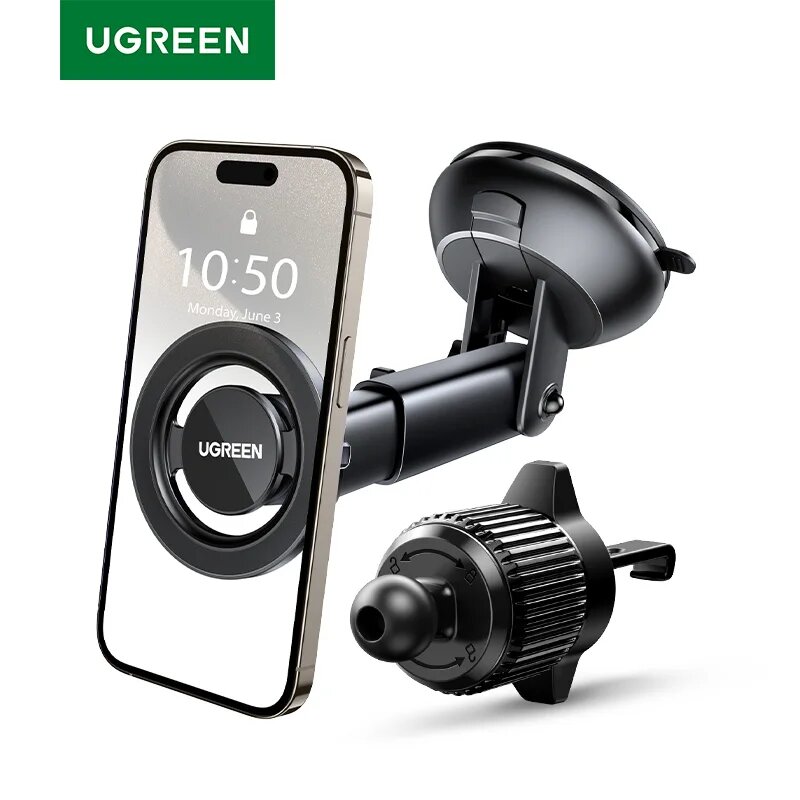UGREEN Магнитный автомобильный держатель для телефона на приборной панели, лобовое стекло, вентиляционное отверстие 3 в 1, автомобильная подставка для телефона Magsafe для iPhone 16 15 14 Pro Samsung Xi, 3 in 1 Car Holder