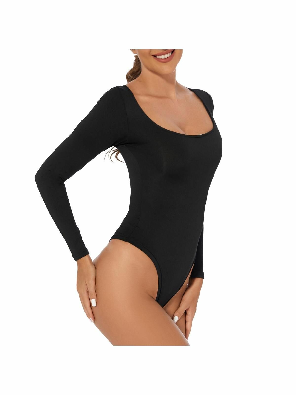 Однотонное боди с квадратным вырезом, Черный - M