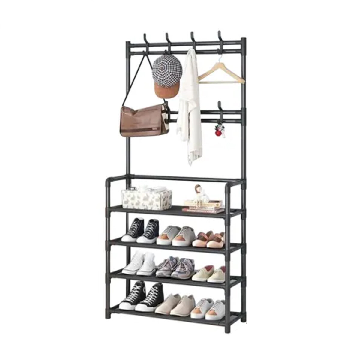 Металлический вешалка для одежды, шкаф для обуви в прихожей, вешалка на стене, полочная вешалка, комбинированный шкаф для обуви и головных уборов, многофункциональный, Цвет: Белый/Черный, Материал: Металл/Пластик, Количество крюков: 8, Размер: 23.5" x