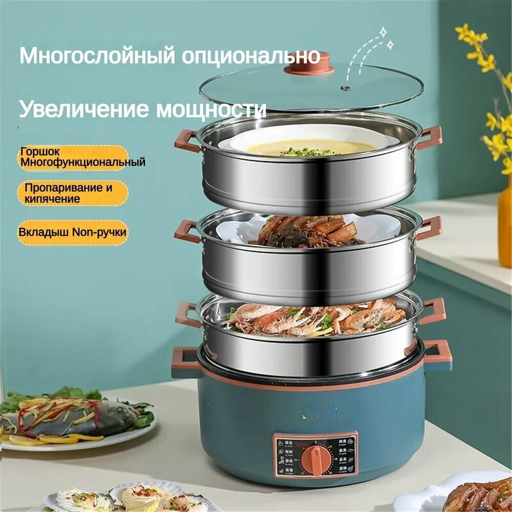 Пароварка электрическая 3-слойный отпариватель электрический отпариватель из нержавеющей стали, большая емкость, высокая мощность 1500 Вт，, светло-синий